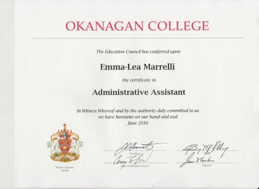Administrative Assistant & Typing Certificates – Ms. Marrelli